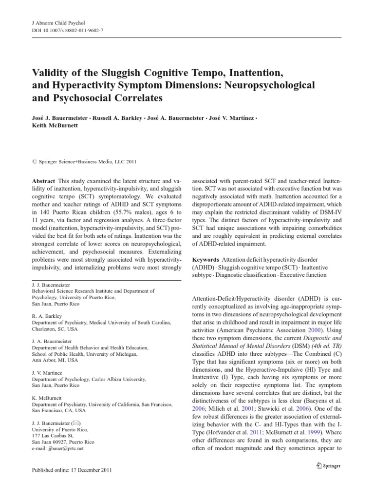 Validity of The Sluggish Cognitive Tempo, Inattention, and Hyperactivity Symptom Dimensions ...