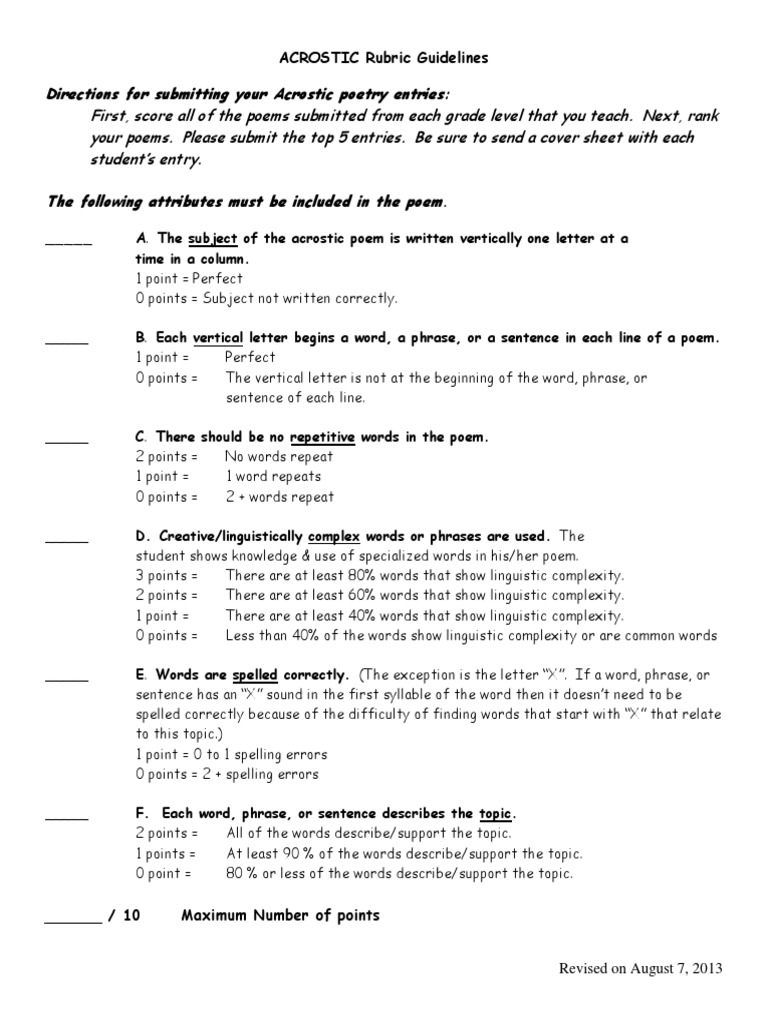 Contest Acrostic Rubric 2014update | PDF | Poetry | Sentence (Linguistics)