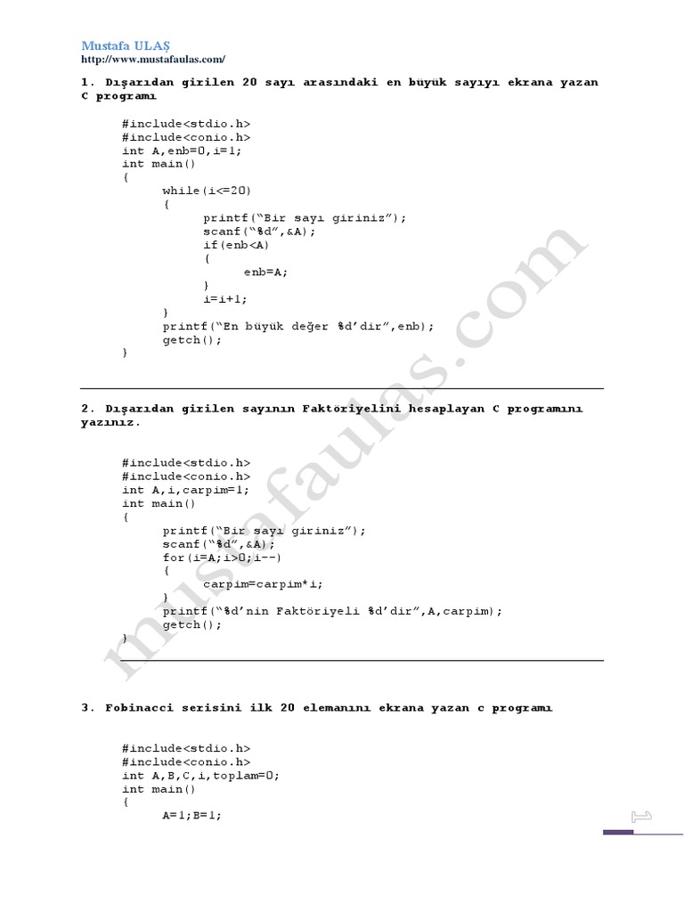 C Programlama - Mustafa Ulaş Örnek Sorular Ve Cevaplar | PDF