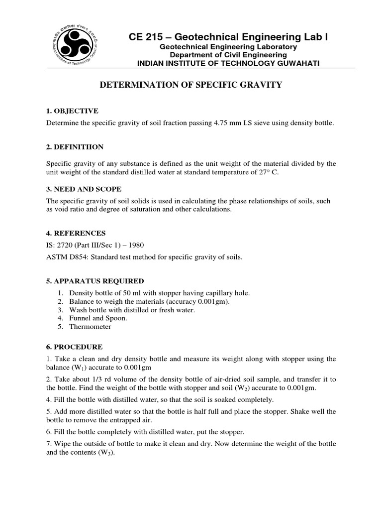 CE215 GeoLab Manual - Determination of Specific Gravity | PDF | Density | Physical Sciences