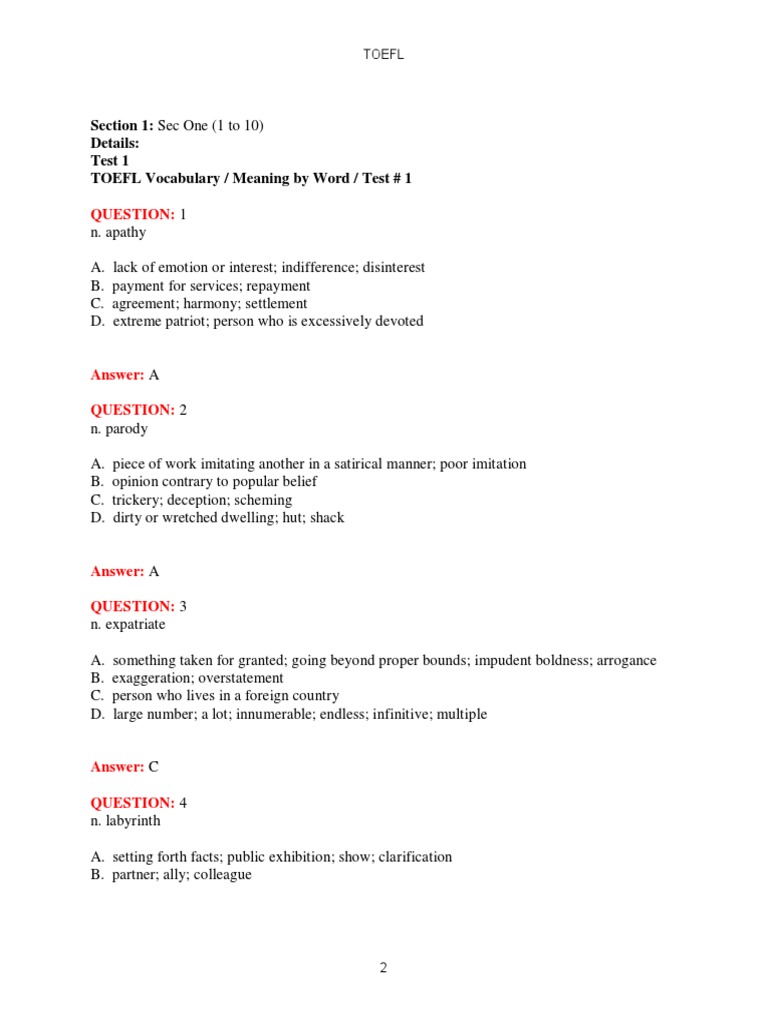 TOEFL Vocabulary Test Answers | PDF | Emotions | Psychology