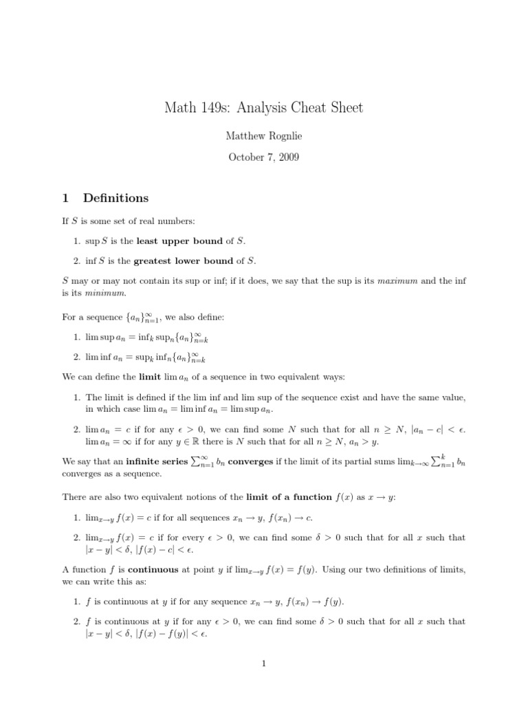 Analysis Cheat Sheet Pdf Series Mathematics Maxima And Minima