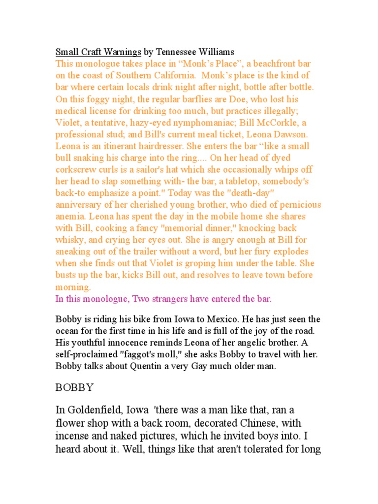 Small Craft Warnings by Tennessee Williams | PDF | Leisure