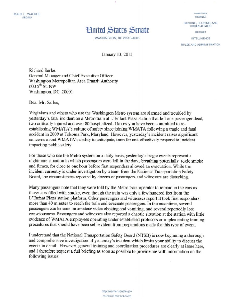 Sen. Mark Warner Letter WMATA | PDF