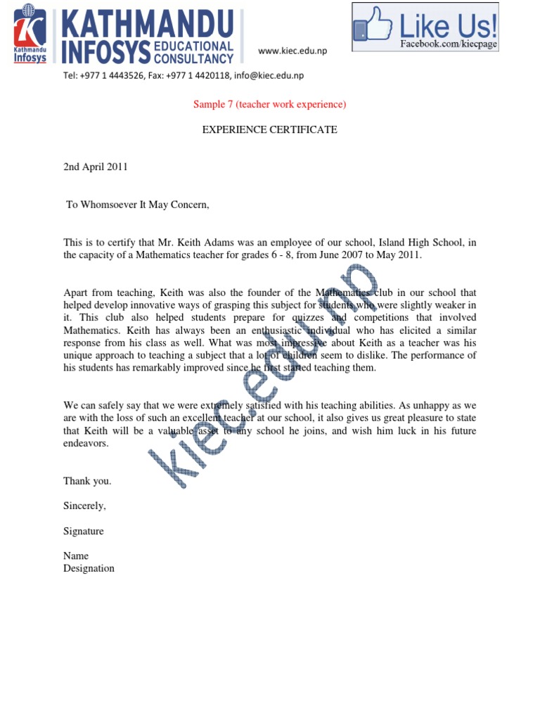 Sample 7 (Teacher Work Experience) | PDF