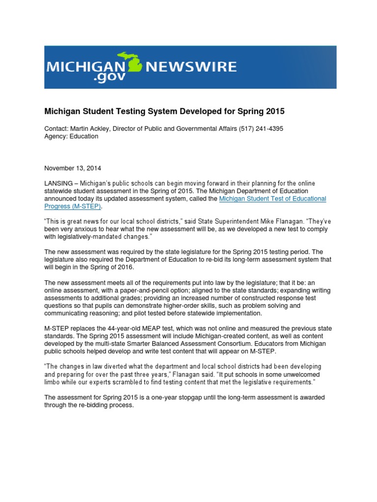 Michigan Student Testing System Developed For Spring 2015 | PDF ...