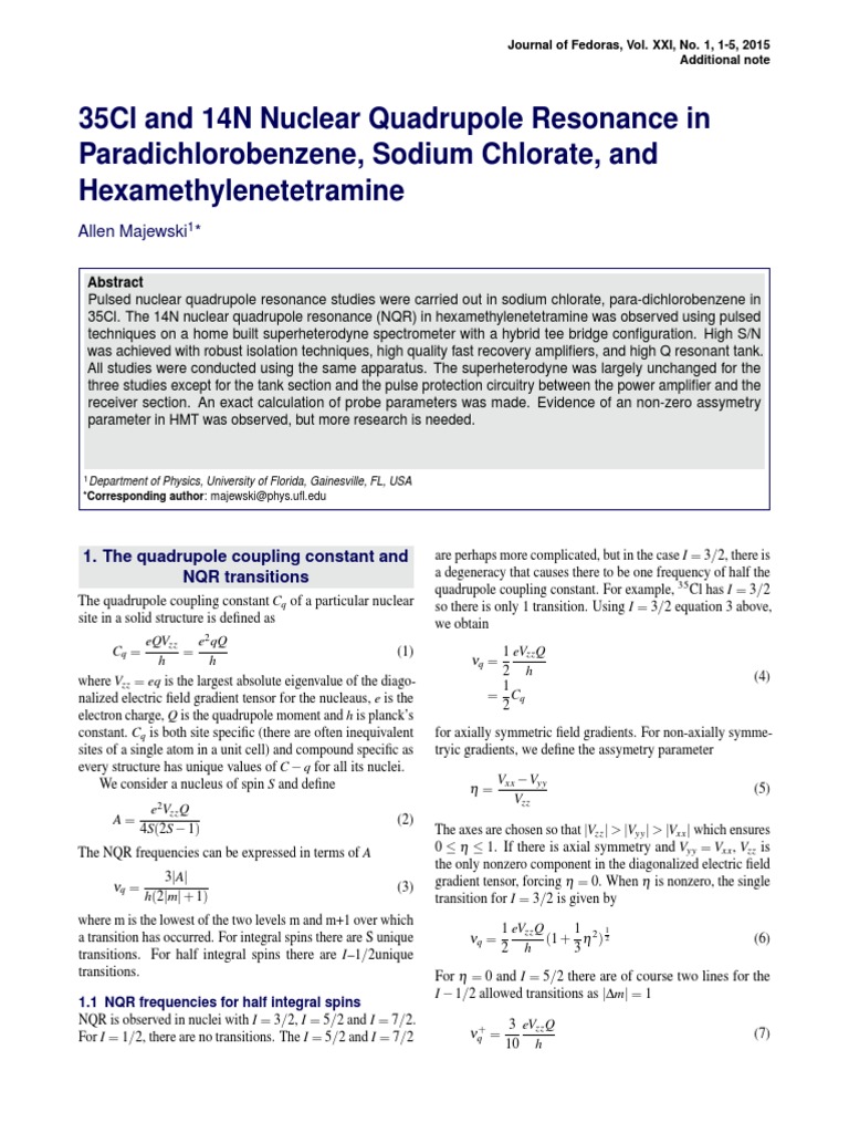 35Cl and 14N Nuclear Quadrupole Resonance in Paradichlorobenzene ...