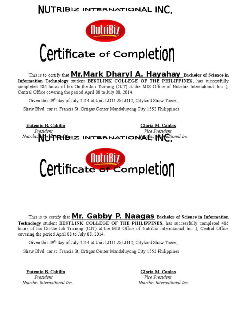 Certificate Of Completion Ojt Template