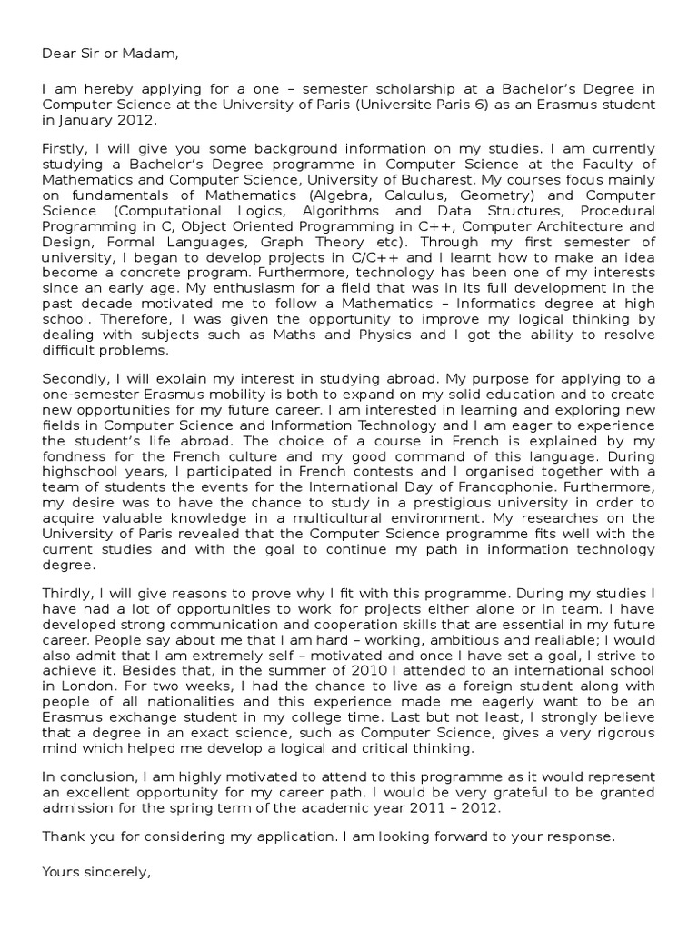 Cover Letter Erasmus