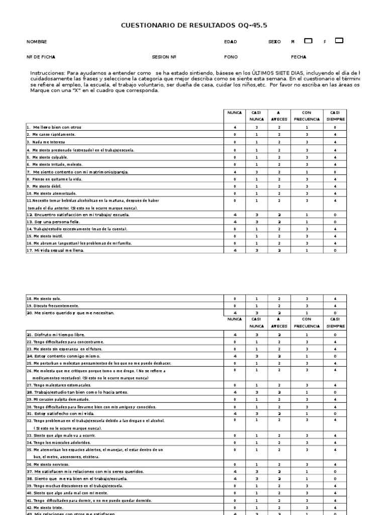 Cuestionario Oq 45.5 | PDF | Ocio | Bienestar