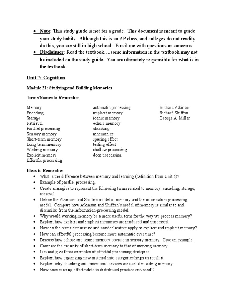 Unit 7 Study Guide | PDF | Recall (Memory) | Memory