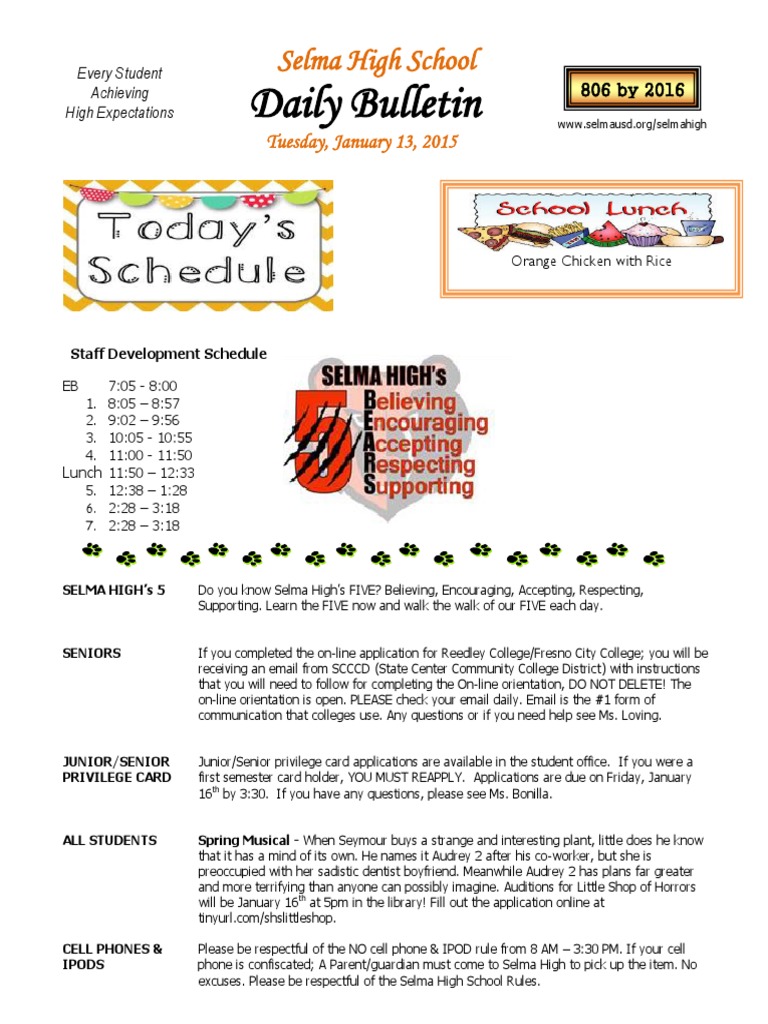 Selma High School Daily Bulletin 1/13/15 | PDF