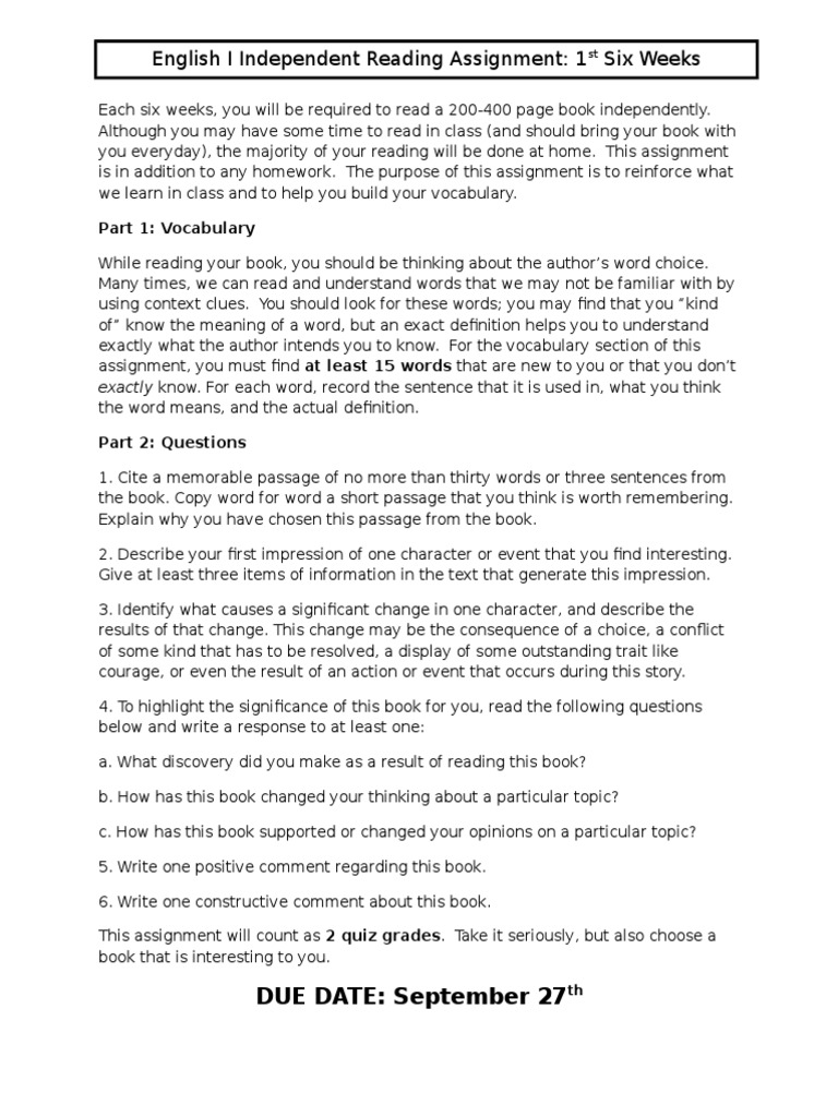 Independent Reading Assignment Guide | PDF