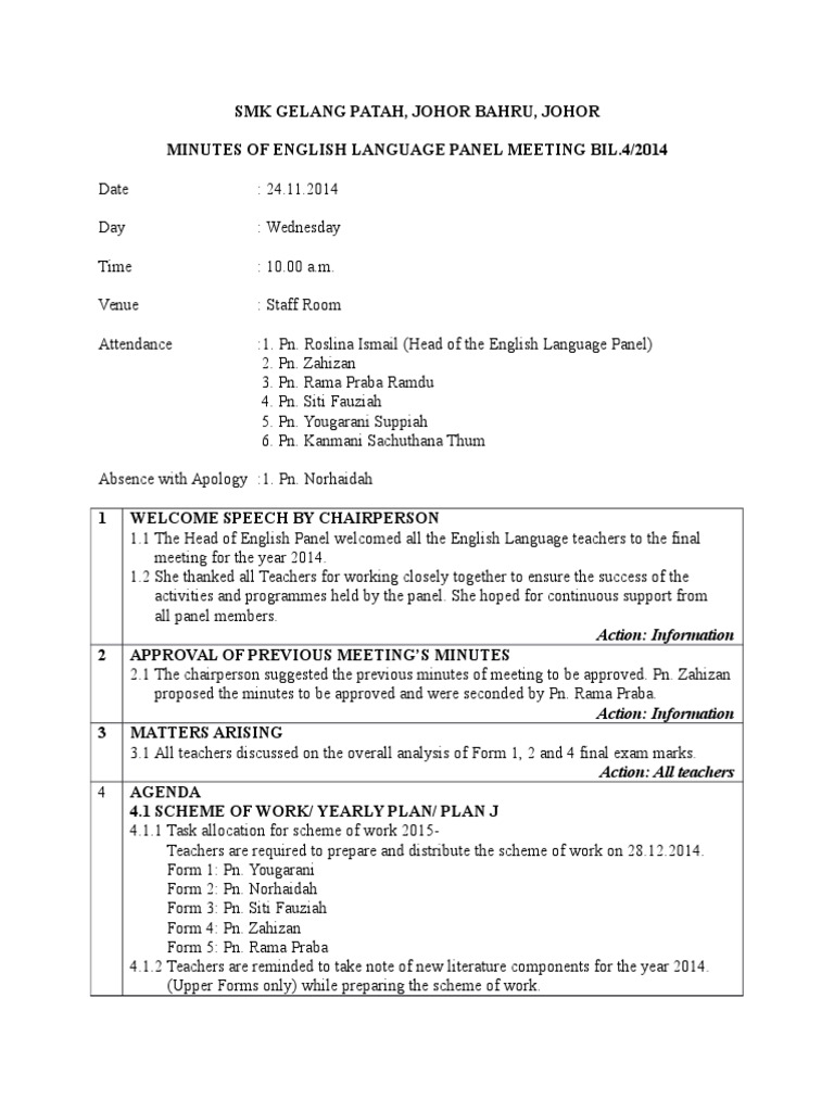 English Panel Meeting Minutes 2014 | PDF | Quality Of Life | Communication