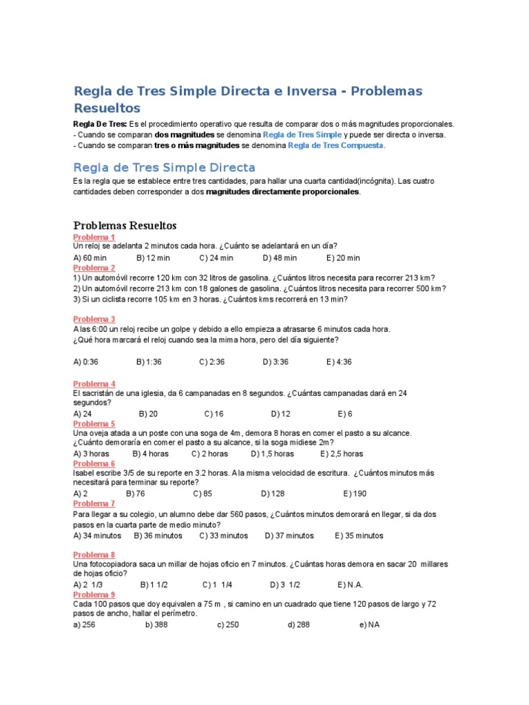 Regla De Tres Simple Inversa Ejemplos Y Ejercicios REGLA De TRES