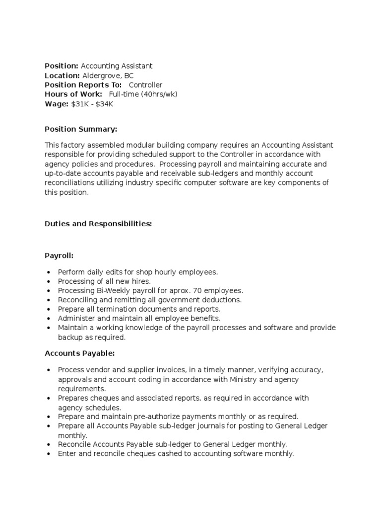 Position: Accounting Assistant Location: Aldergrove, BC Position ...