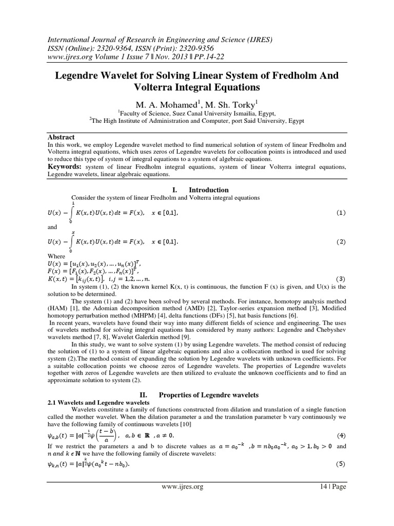 Legendre Wavelet For Solving Linear System Of Fredholm And Volterra Integral Equations Pdf