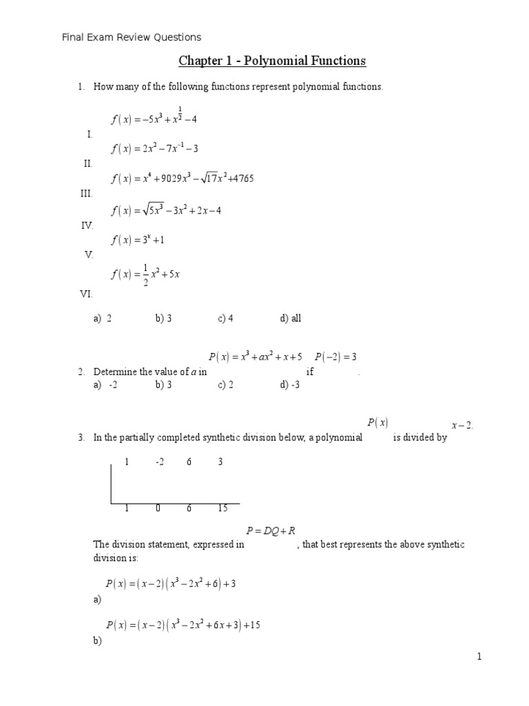 Chapter 1 - Polynomial Final Exam Review | PDF | Polynomial | Zero Of A ...
