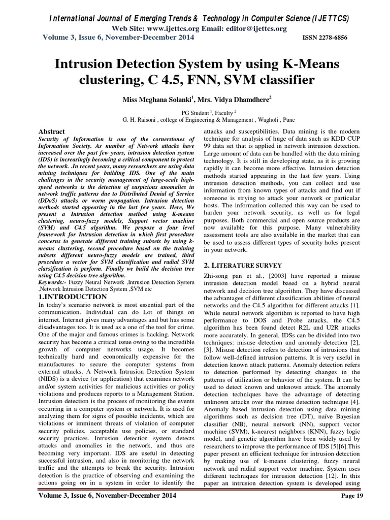 Intrusion Detection System by Using K-Means Clustering, C 4.5, FNN, SVM Classifier | PDF ...