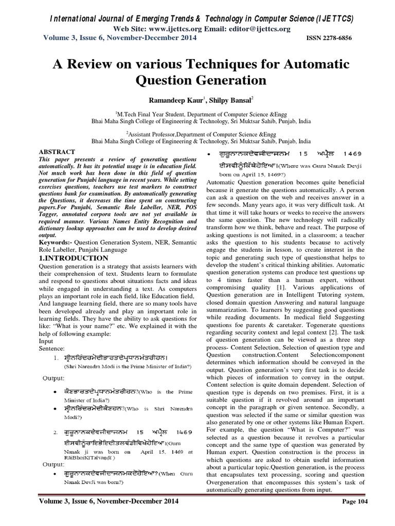 A Review On Various Techniques For Automatic Question Generation | PDF ...