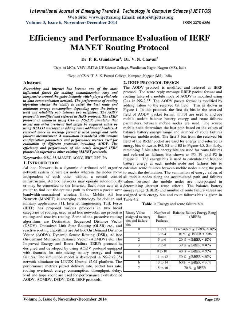 Efficiency and Performance Evaluation of IERF MANET Routing Protocol ...