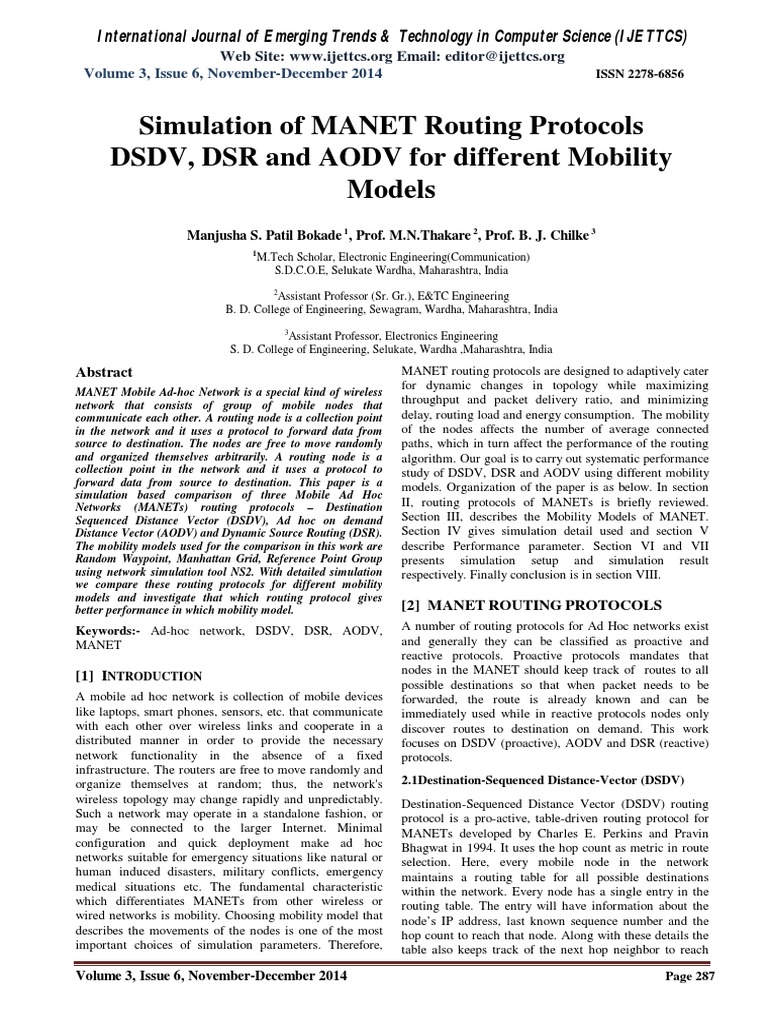 Simulation Of Manet Routing Protocols Dsdv Dsr And Aodv For Different Mobility Models Pdf