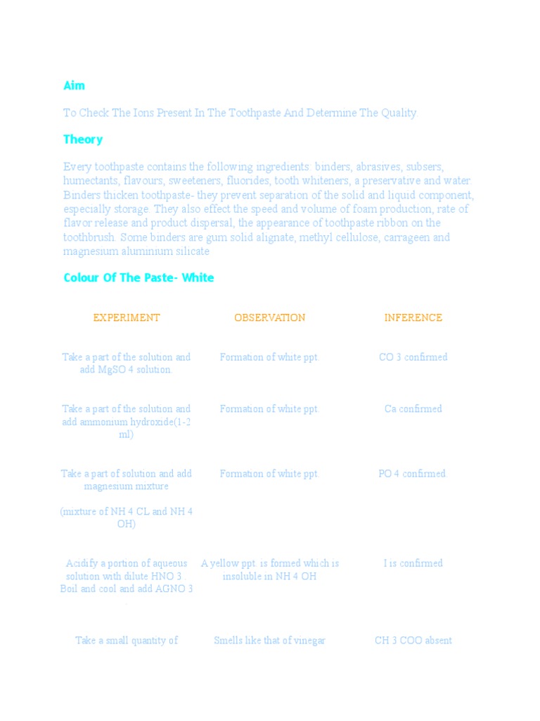 Toothpaste Ion Composition Analysis | PDF | Hydroxide | Acid