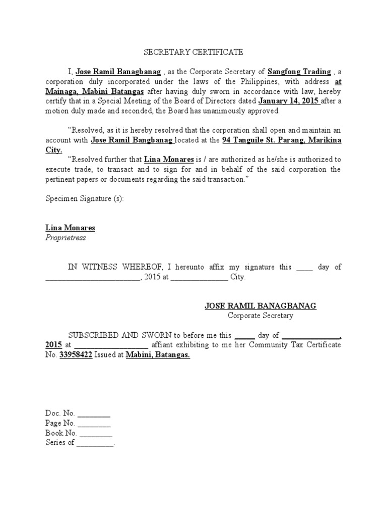 Corporate Secretary Certificate Sample | PDF | Law