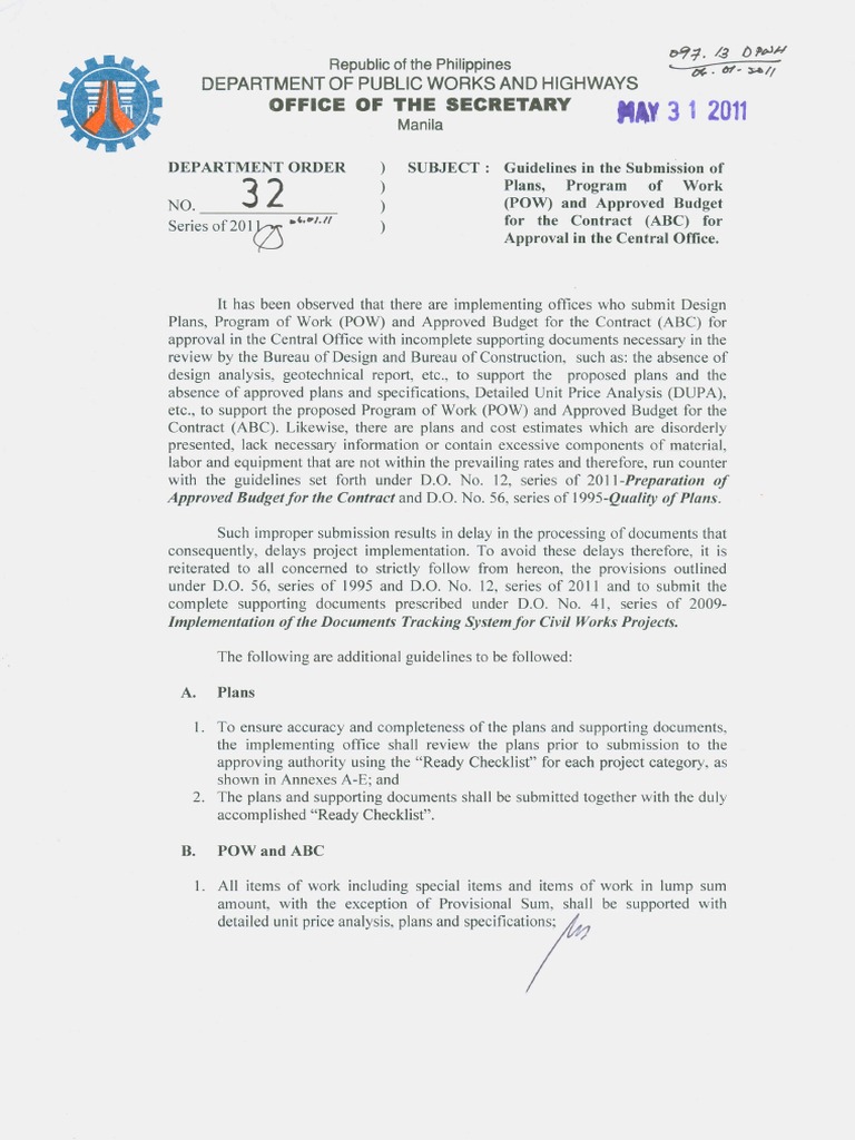 DPWH - Plans - Program of Work and Approved Budget For The Contract ...