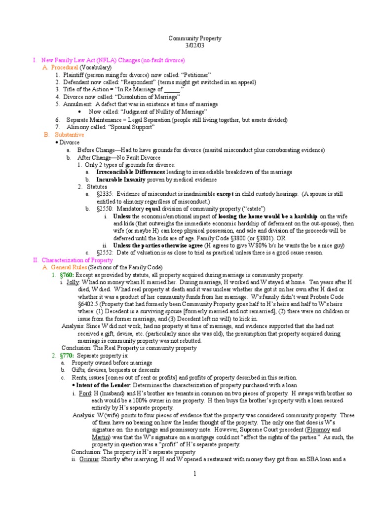 Community Property Outline - California | PDF | Alimony | Concurrent Estate