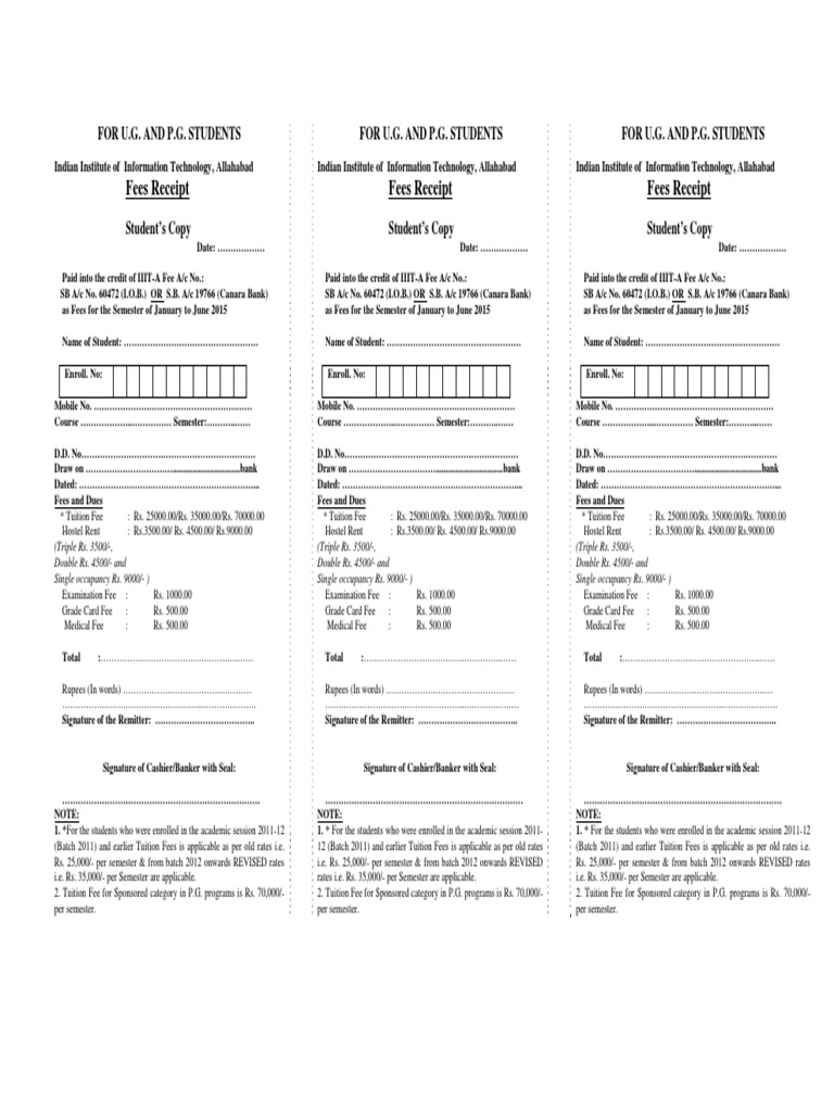 IIIT a Campus_Fee Deposit Slip Jan Jun15 | Fee | Postgraduate Education