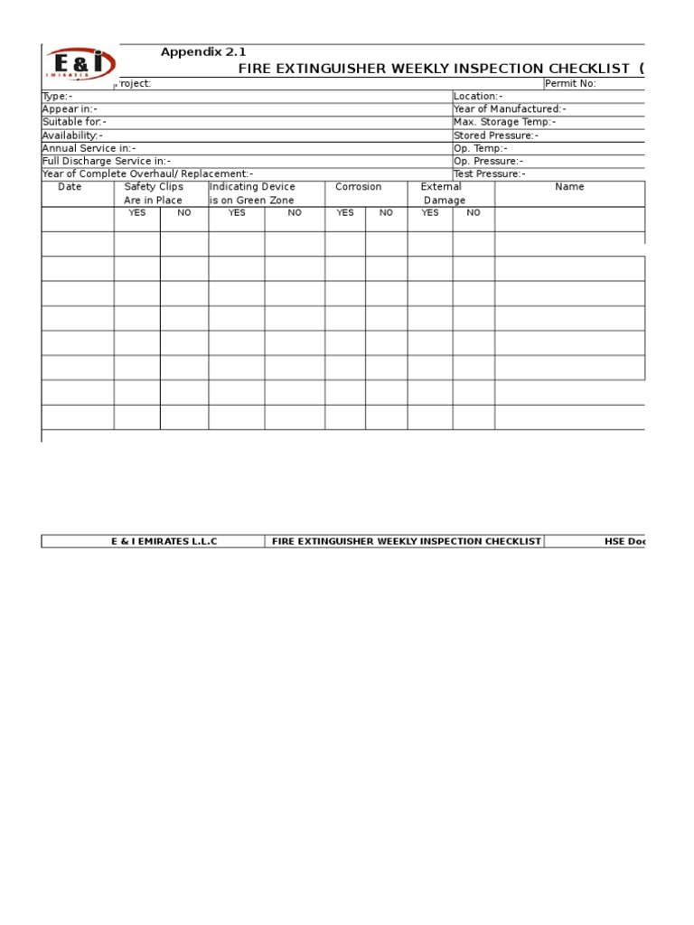 Weekly fire extinguisher inspection checklist | PDF | Manufactured ...