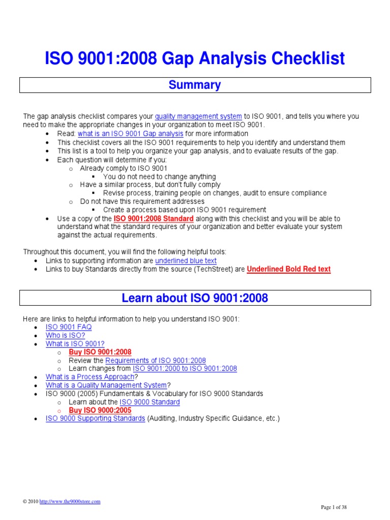 ISO 9001 Gap Analysis Checklist | Iso 9000 | Quality Management System