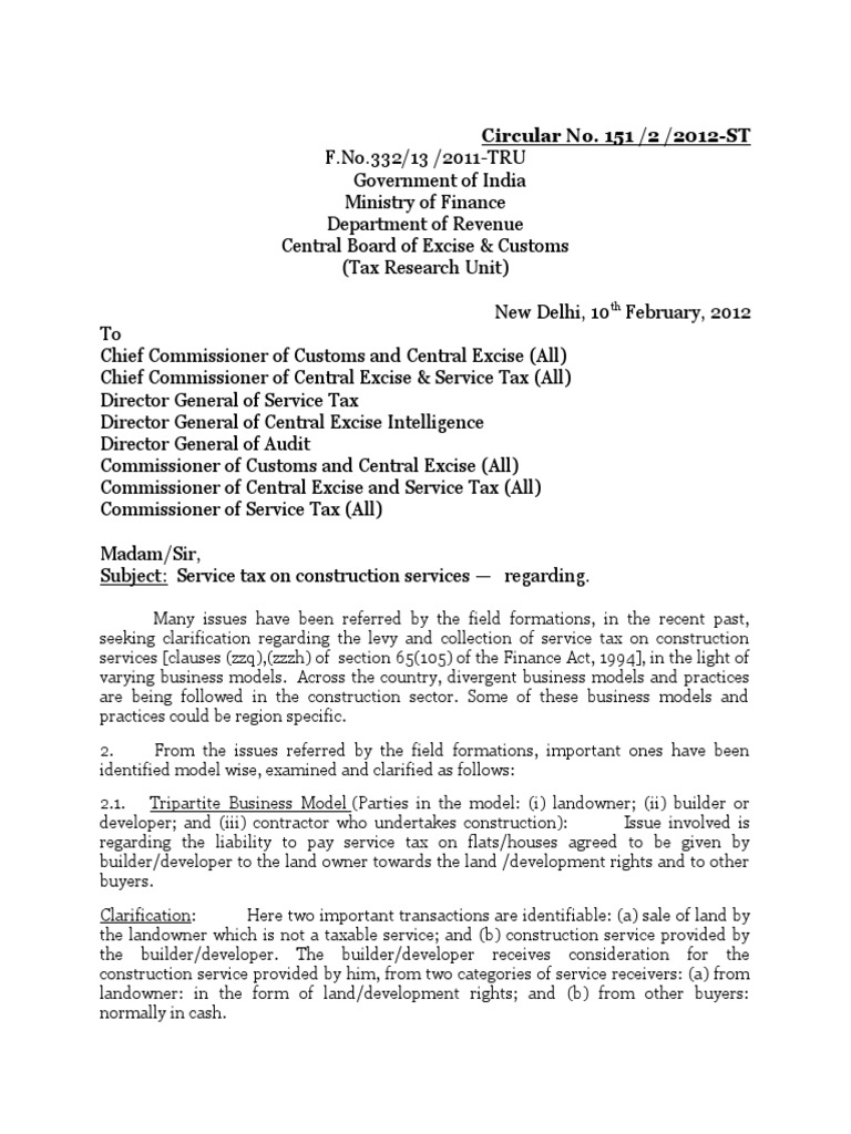 Circular No. 151 /2 /2012-ST | PDF | Taxes | Excise