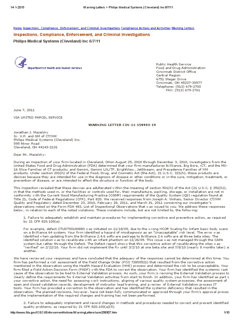 Warning Letters - Philips Medical Systems (Cleveland) Inc 6-7-11 | PDF ...