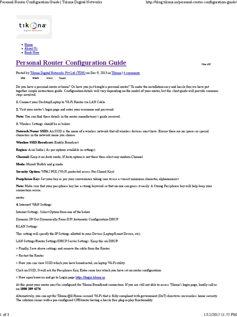 Personal Router Configuration Guide - Tikona Digital Networks | PDF ...