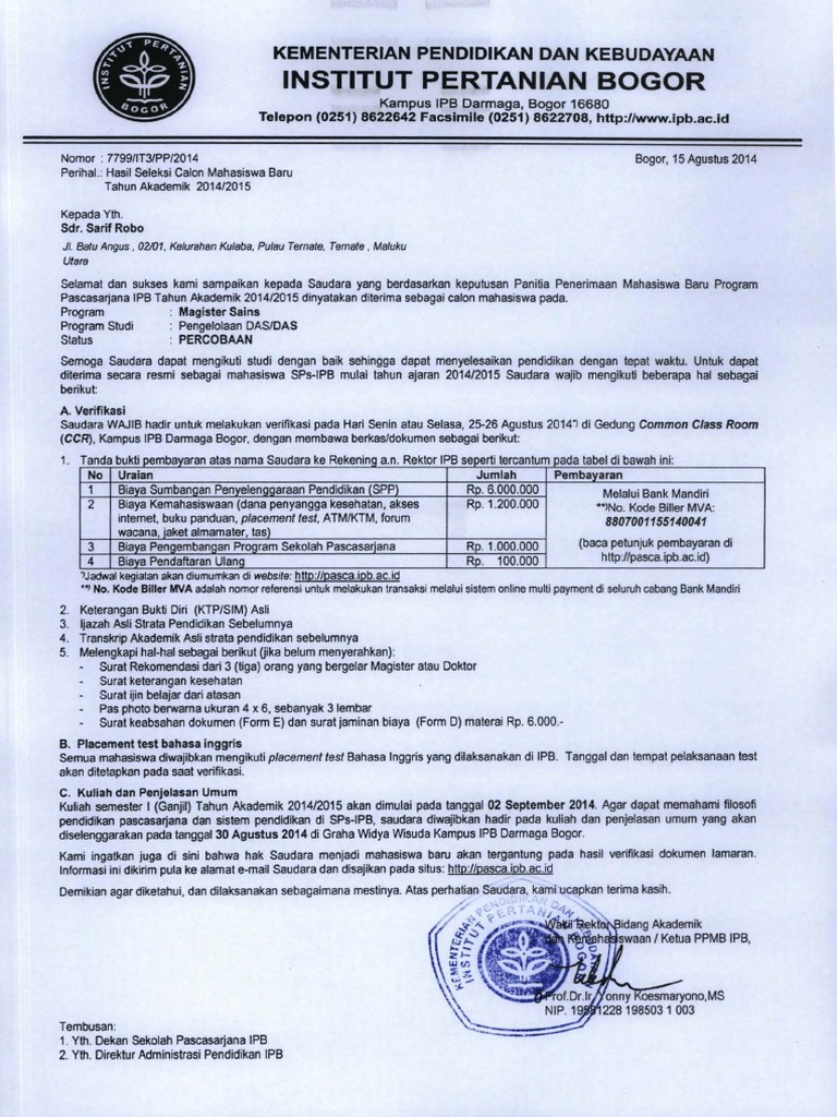 LoA Masuk IPB | PDF | Karier & Perkembangan | Sains & Matematika