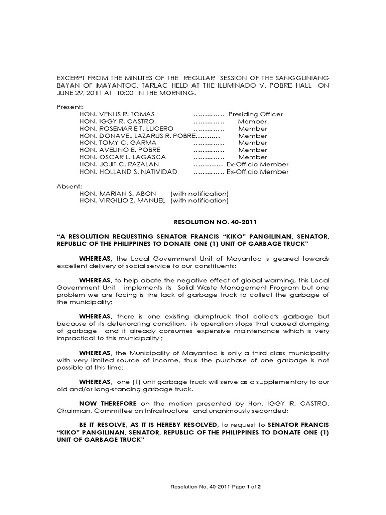 Resolution No. 40-2011 (Request To Donate Garbage Truck) PDF | PDF