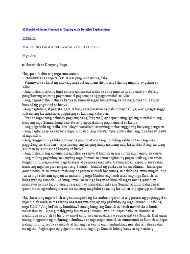 40 Hadith of Imam Nawawi in Tagalog With Detailed Explanations | PDF