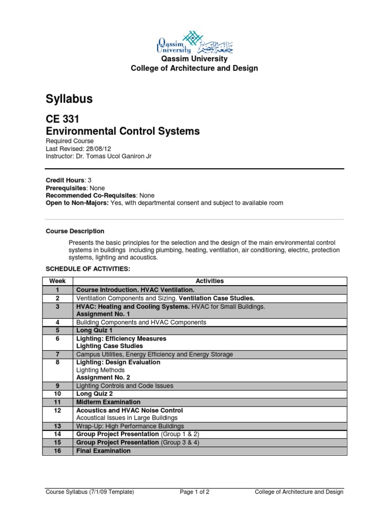 CE 331 Course Syllabus PDF | PDF | Hvac | Ventilation (Architecture)