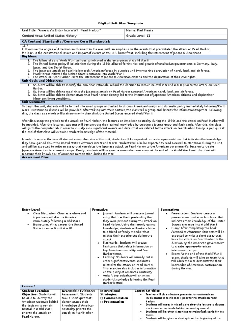 WWII Pearl Harbor Unit Plan Template | PDF | Internment Of Japanese Americans | Lecture