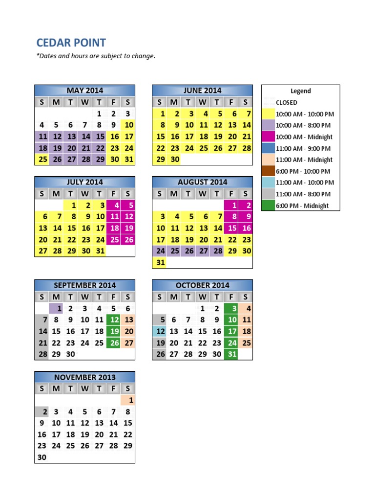 Cedar Point Operating Schedule | PDF