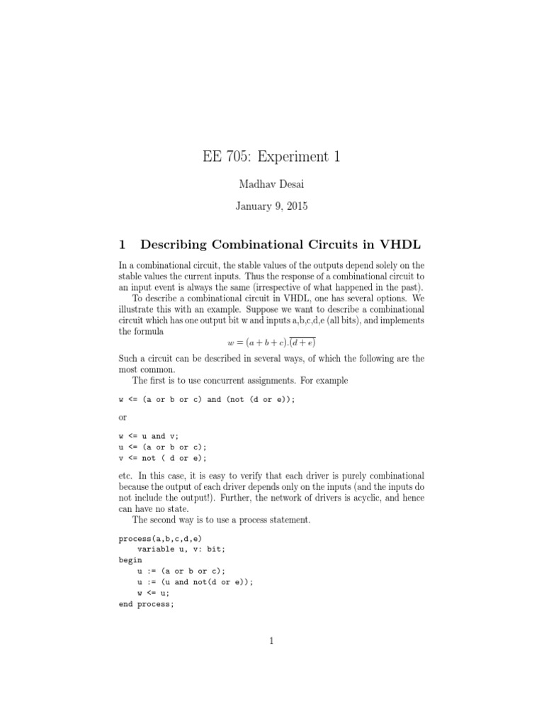 EE 705: Experiment 1: 1 Describing Combinational Circuits in VHDL | PDF | Bit | Vhdl