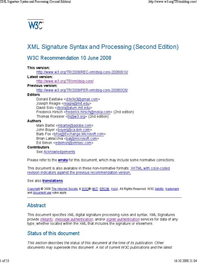 XML Signature Syntax and Processing | PDF | Xml | Xml Schema