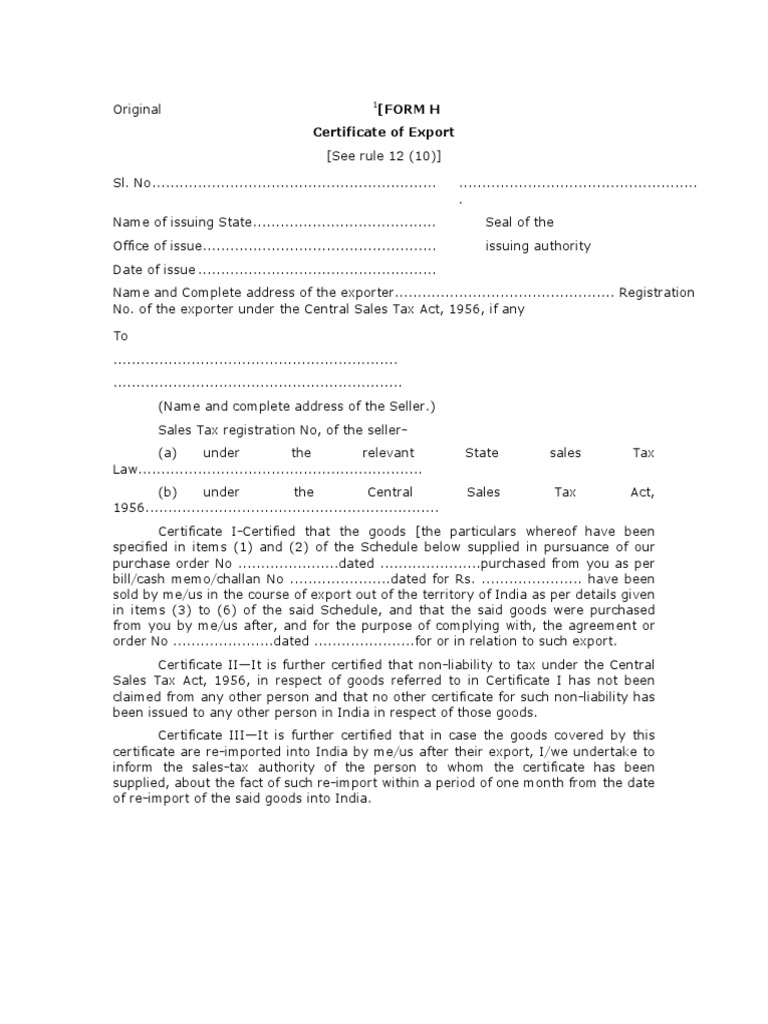 FORM H | Exports | Sales Tax