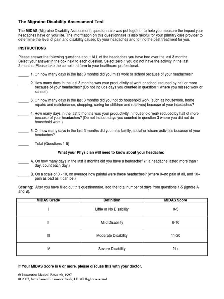 MIDAS Questionnaire | PDF | Headache | Health Care