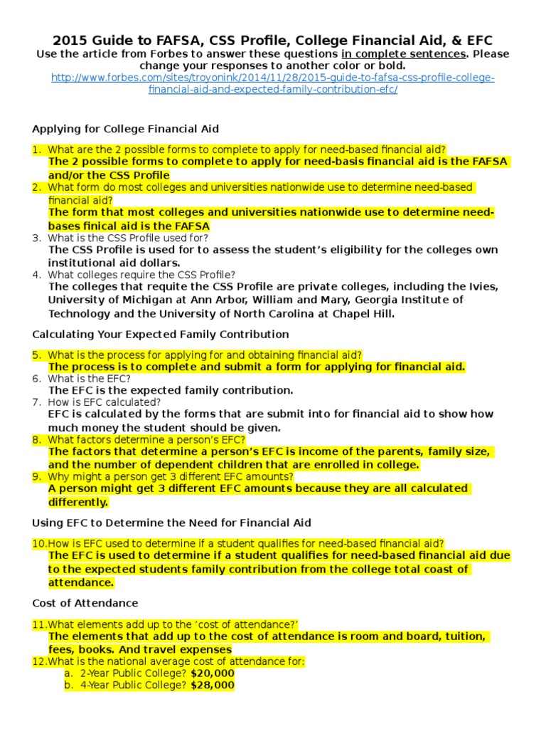 Guide To Fafsa Questions | PDF | Student Financial Aid In The United ...