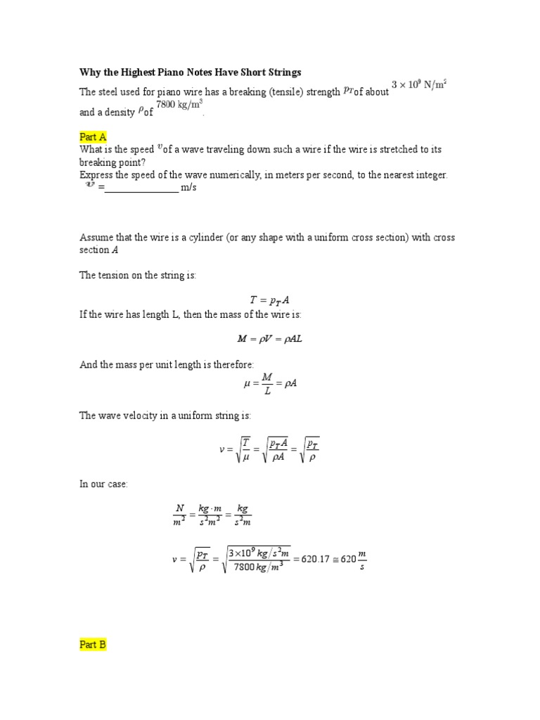 Piano Wire Tension and Wave Speed Analysis | PDF