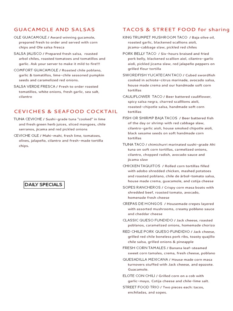 Ole Dinner Menu | PDF | Salsa (Sauce) | Taco