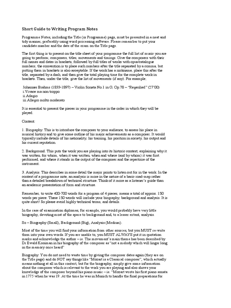 Guide to writing program notes for 4 piano pieces | PDF | Composers | Tempo